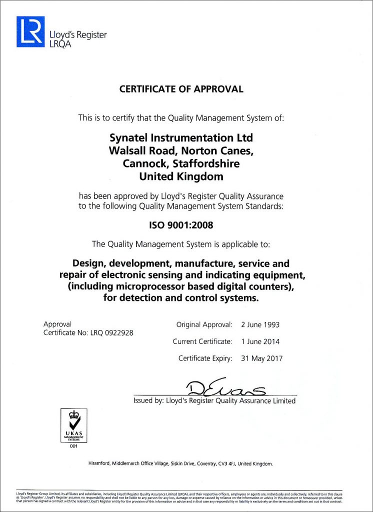 LRQA Certifiacte - Synatel Instrumentation Ltd